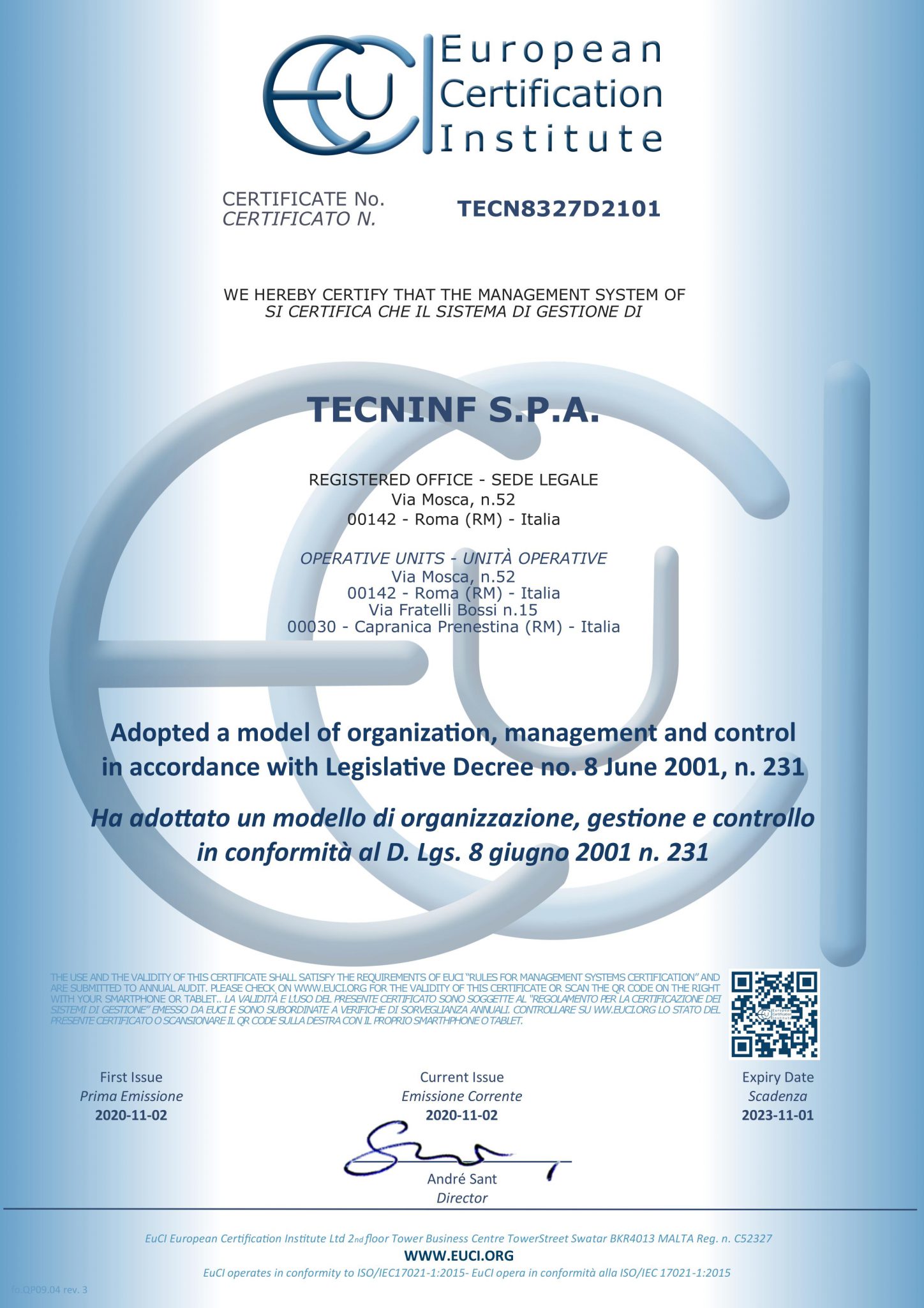 CERTIFICAZIONE DI CONFORMITA' 231/01 - Tecninf